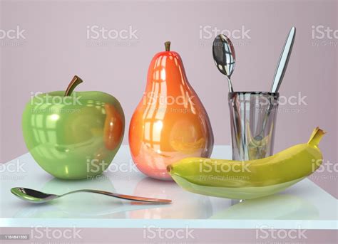 일 빛 모방 핑크 방에 유리 테이블에 숟가락과 유리와 배 창조적 인 정물에서 사과 바나나의 3d 그림 가정 주방에 대한 스톡 사진 및 기타 이미지 Istock