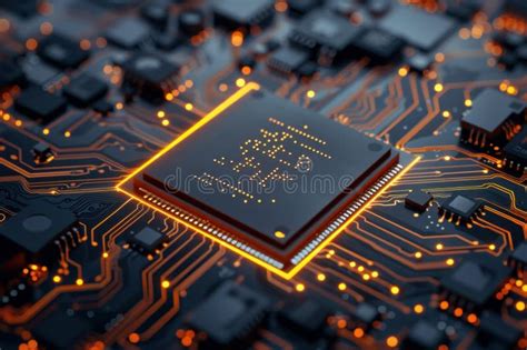 Modern Cpu Processing Data On Motherboard With Orange Circuit Board