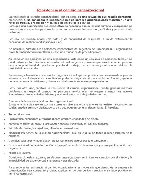 Resistencia Al Cambio Organizacionalapunte Pdf Gestión Del Cambio