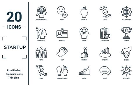 시작 선형 아이콘 집합입니다 얇은 선 두뇌 제어 창의성 팀 사용자 제휴사 생각 보고서 프리젠 테이션 다이어그램 웹 디자인에 대한 아이콘 확인 포함 0명에 대한 스톡 벡터