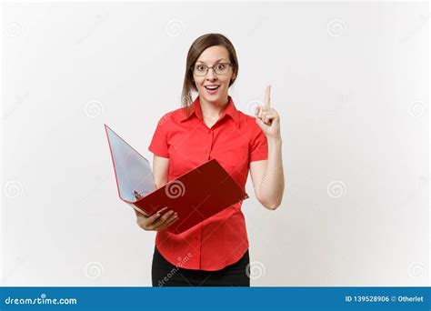 Portrait Of Young Successful Business Teacher Woman In Red Shirt