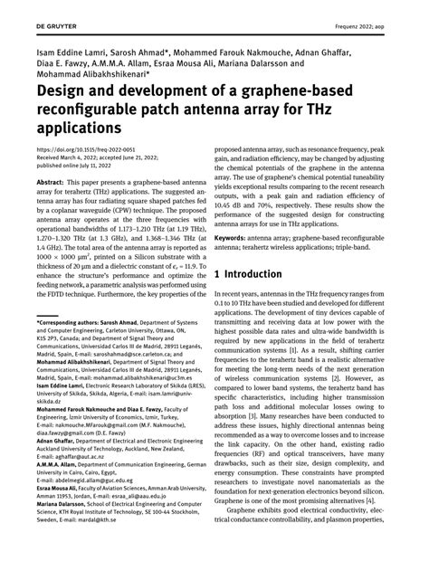 Pdf Design And Development Of A Graphene Based Reconfigurable Patch Antenna Array For Thz