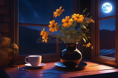 A Steaming Cup Of Coffee With A Beautiful Vase Filled With Freshly