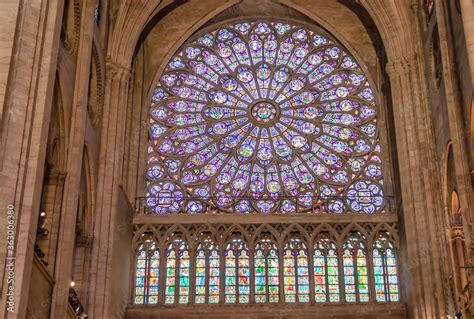 Paris France March 13 2018 Stained Glass Window In Notre Dame