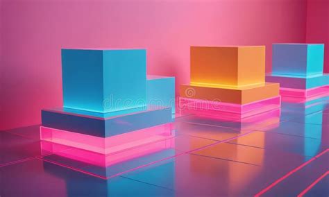 Three Cubes In Blue Yellow And Pink Are Arranged In Row On Reflective