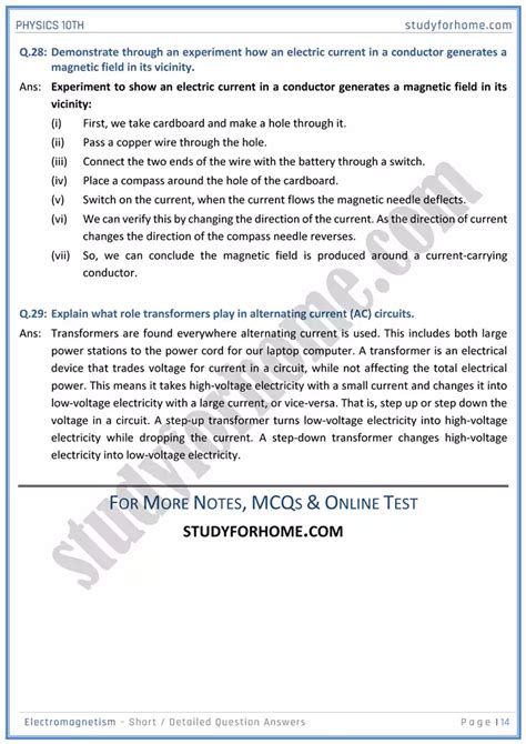 Electromagnetism Short And Detailed Question Answers Physics 10th