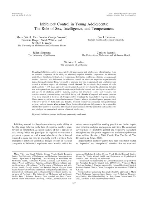 Pdf Inhibitory Control In Young Adolescents The Role Of Sex Intelligence And Temperament