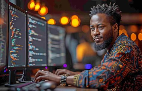 A Guy Young African Programmer Sits At His Desk And Writes Code While