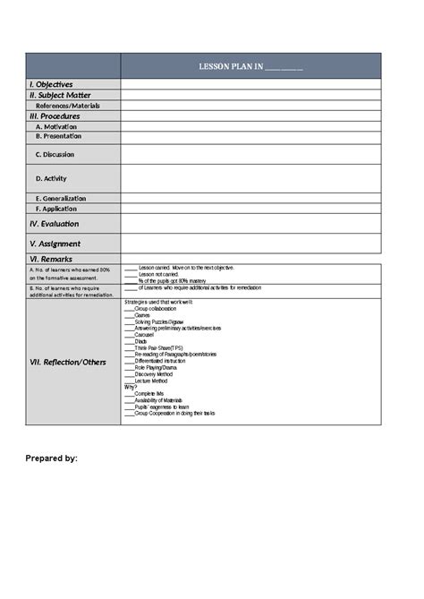 Lesson Plan Format Guide For Lesson Plan Lesson Plan In I Objectives Ii