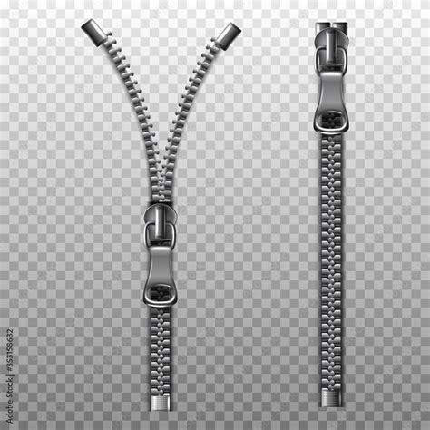 3d Realistic Vector Metal Zipper In Silver Open And Closed Isolated On