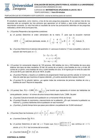 Exámenes de EBAU de Matemáticas Aplicadas a las Ciencias Sociales del