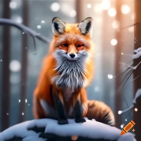 Red Fox On Snowy Hill In Winter Sunlight With Falling Snowflakes On Craiyon