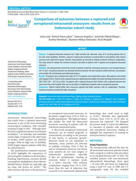Pdf Comparison Of Outcomes Between A Ruptured And Unruptured Intracranial Aneurysm Results