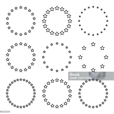다양한 크기의 별들이 원으로 배열되어 있습니다 둥근 프레임 테두리 검은 별 윤곽선 간단한 기호 디자인 요소 장식품 라인 아트 벡터 일러스트 레이 션 0명에 대한 스톡 벡터