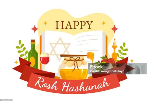 해피 로쉬 하샤나 벡터 그림은 사과 석류 꿀 꿀벌과 함께 플랫 만화 손으로 그린 템플릿에 유대인 새해 휴일 9월에 대한 스톡 벡터 아트 및 기타 이미지 Istock