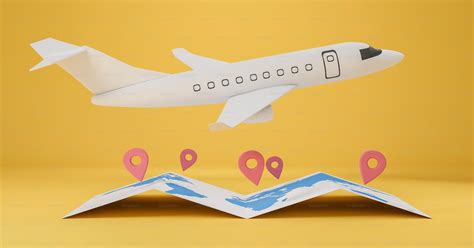 전 세계를 비행하는 흰색 비행기 노란색 배경에 위치 핀이 있는 종이 지도 여행과 관광의 개념 3d 렌더링 사진 Unsplash의 여행하다 이미지
