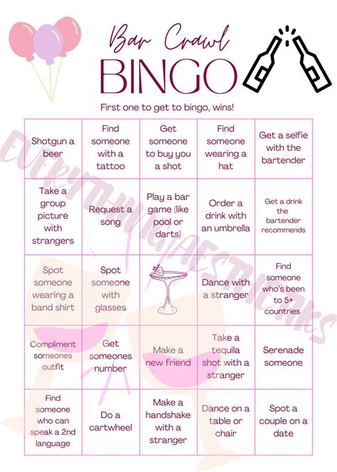 Bar Crawl Bingo Bachelorette Birthday Party Girls Night Out Scavenger