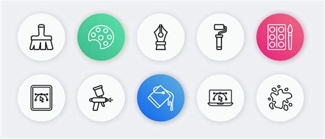 세트 라인 페인트 통 수채화 물감 상자 디자인 프로그램 롤러 브러시 만년필 펜촉 스프레이 및 총 아이콘이 있는 컴퓨터 벡터 개념에 대한 스톡 벡터 아트 및 기타 이미지