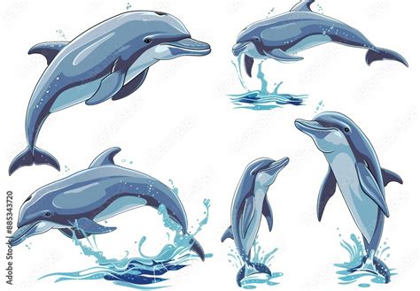 Dolphins In Various Characters Set Isolated On Clear Background