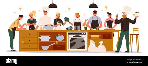 Culinary Classes Flat Composition With Group Of Adult People Cooking Together Under The Guidance