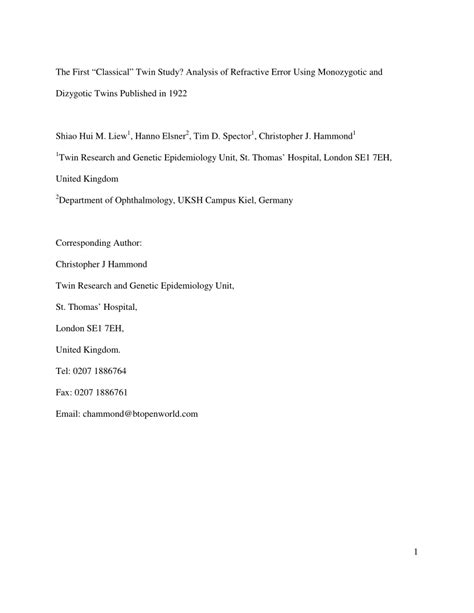 Pdf The First ‘classical Twin Study Analysis Of Refractive Error