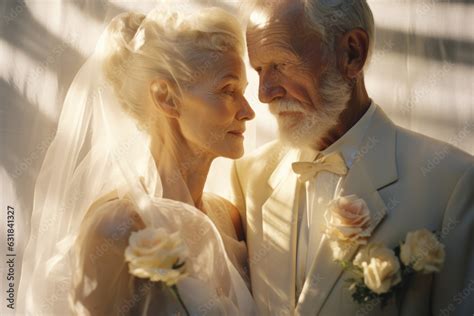 Portrait Of A An Elderly Couple Bride Groom In Wedding Dress Suit With