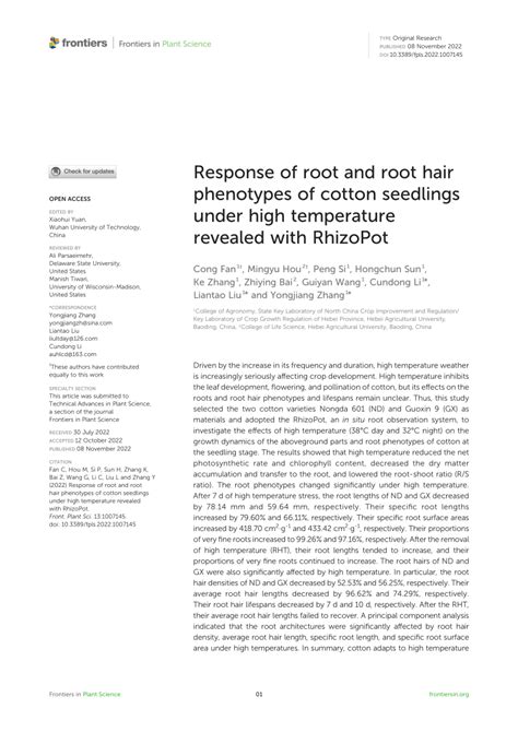 Pdf Response Of Root And Root Hair Phenotypes Of Cotton Seedlings