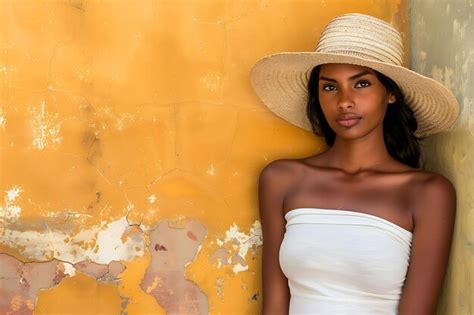 Supermodel Wearing Trendy Slight Summer Cloth And Straw Ha Premium Ai
