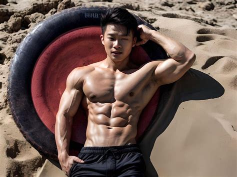 Premium Ai Image Strong Shirtless Muscle Asian Guy Relaxing On A Giant Frisbee On Sandy Beach
