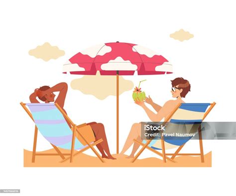 해변에서 우산 아래 갑판 의자에 앉아 여름 휴가와 해변 휴식 벡터 삽화를 즐기는 남자 계절에 대한 스톡 벡터 아트 및 기타 이미지 계절 남자 남자들만 Istock