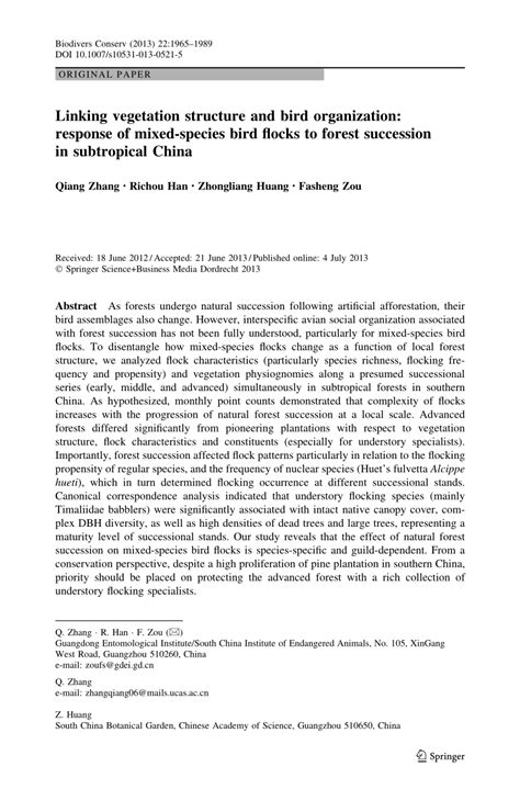 Pdf Linking Vegetation Structure And Bird Organization Response Of