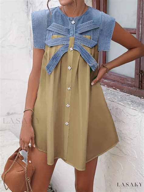 Lasaky Womens Sleeveless Patchwork Denim Dress With Flower Shaped
