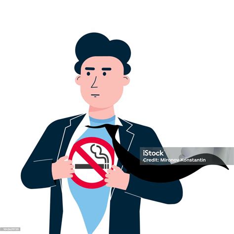 年輕男子的眼淚襯衫和顯示 T恤與無吸煙標誌圖示平面風格設計向量插圖孤立的白色背景概念超級英雄沒有吸煙的人範本這個城市需要他向量圖形及更多戒煙