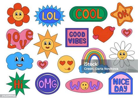 트렌디한 복고풍 스티커 만화 모양 모음입니다 재미있는 만화 캐릭터 아트와 따옴표 기호 패치 세트 좋은 분위기 좋은 하루 Omg 및 안녕하세요 평면 벡터 디자인 1990