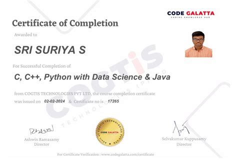 Certificationcomplete Codegallata C C Python Java Codingjourney Nextchapt Sri Suriya S
