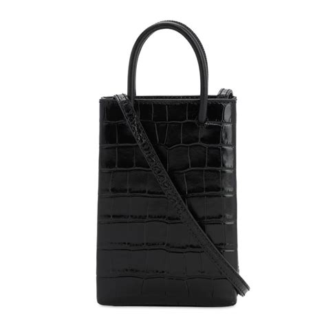 【balenciaga 巴黎世家】shopping Phone 鱷魚紋 手機包 紙袋包 斜背包 黑色｜popchill 拍拍圈