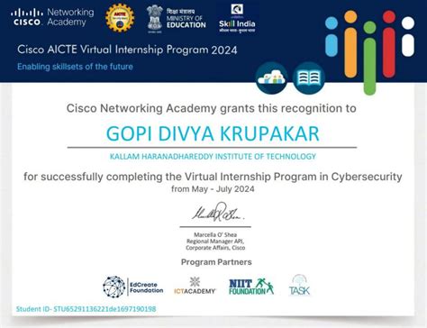 Gopi Divya Krupakar On Linkedin Cybersecurity Internship Cisco Aicte