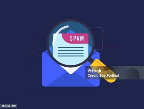 이메일 스팸 벡터 아이콘입니다 경고 메시지와 함께 원치 않는 악성 전자 메일 봉투입니다 스팸 이메일 메시지 배포 사기 및 사기 메일 아이콘이 있는 검은색 배경에 분리된 벡터