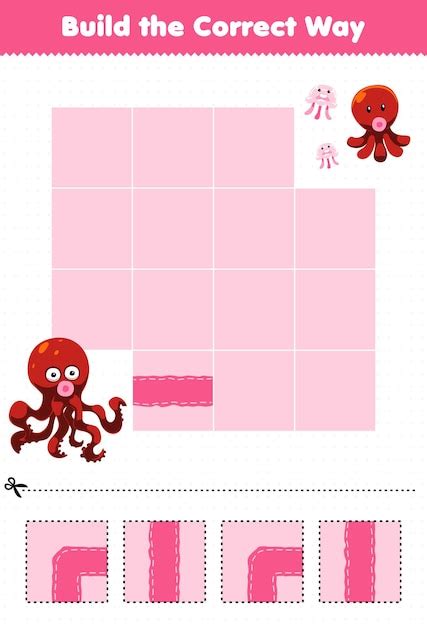 어린이를 위한 교육 게임은 귀여운 만화 문어가 아기 문어와 해파리로 이동하는 올바른 방법을 만드는 데 도움이 되는 인쇄 가능한