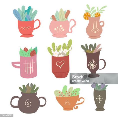 단풍과 다양한 재료로 차 장식 컵의 플랫 일러스트 세트 계피 민트 레몬 딸기 단풍을 곁들인 여름 차 마법의 벡터 키트 0명에 대한 스톡 벡터 아트 및 기타 이미지 Istock