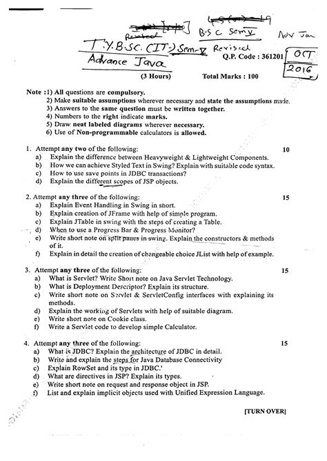 University Of Mumbai T Y B Sc IT Sem V Advanced Java Revised Old Question Papers Oct
