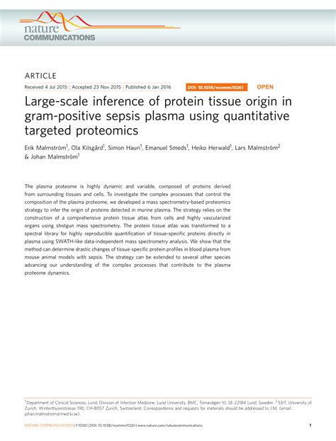 Pdf Large Scale Inference Of Protein Tissue Origin In Gram Positive Sepsis Plasma Using