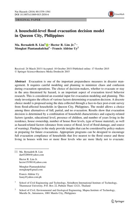 Pdf A Household Level Flood Evacuation Decision Model In Quezon City