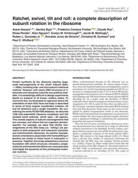Pdf Ratchet Swivel Tilt And Roll A Complete Description Of Subunit Rotation In The Ribosome