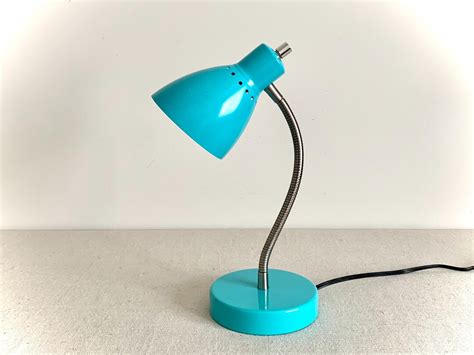 Vintage Aqua Blue Gooseneck Desk Lamp Pale Blue And Silver Stem Metal
