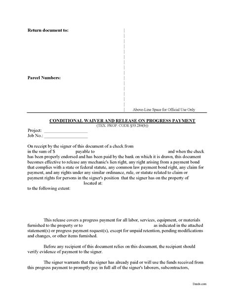 Texas Conditional Waiver And Release On Progress Payment
