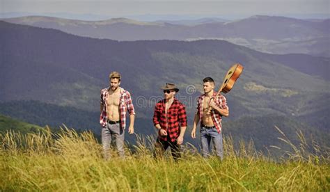 Modern Music Happy Men Friends With Guitar Friendship Hiking