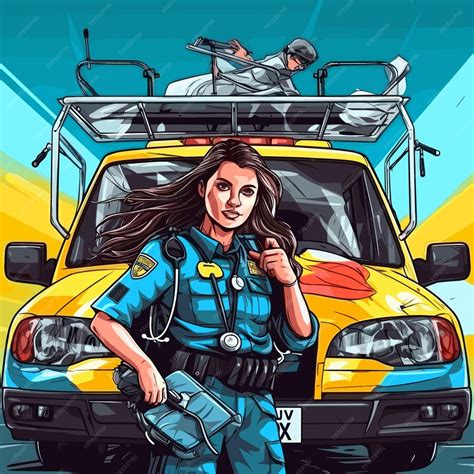 응급구조대 구급차 만화 구성 ⁇ 터 일러스트레이션 프리미엄 벡터