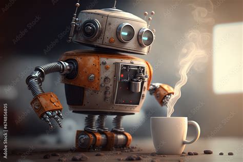 Funny Illustration Featuring A Robot Enjoying A Steaming Cup Of Coffee