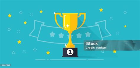 승자가 수상 배너 벡터 일러스트 레이 션 첫 번째 장소 상금 및 라인 개요 리본 별 경쟁 보상 승리 우승과 함께 플랫 만화 황금 트로피 컵 성공에 대한 스톡 벡터 아트 및